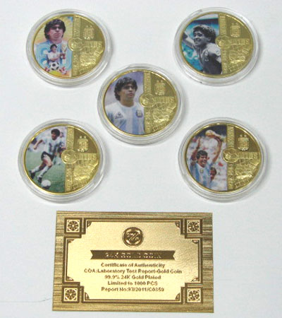 Diego Maradona GOLD PLATED COIN COLLECTION 5 COIN SET, with a Box ...